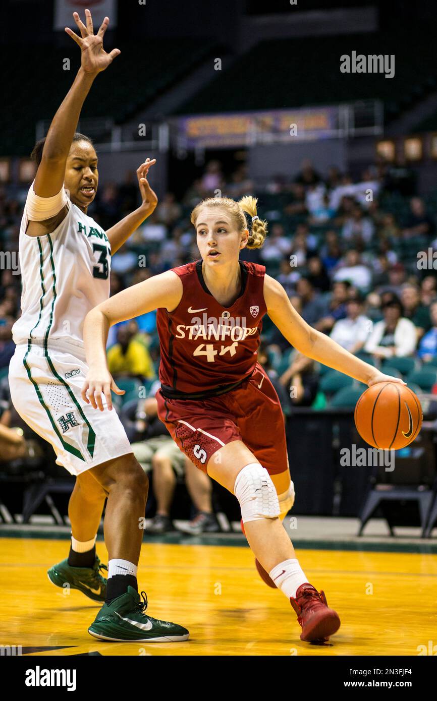 Stanford guard Karlie Samuelson (44) dribbles around Hawaii center ...