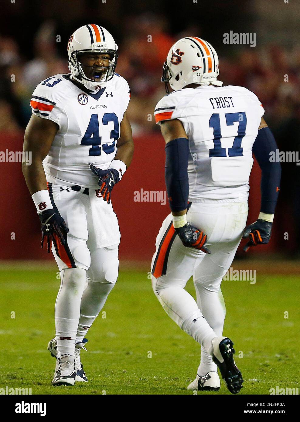 Auburn linebacker Anthony Swain (43) celebrates a sack on Alabama with ...
