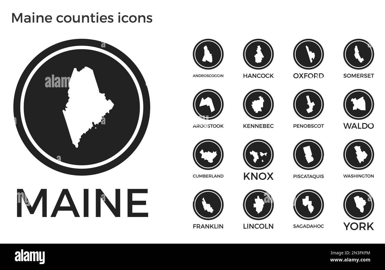 Maine counties icons. Black round logos with us state counties maps and ...