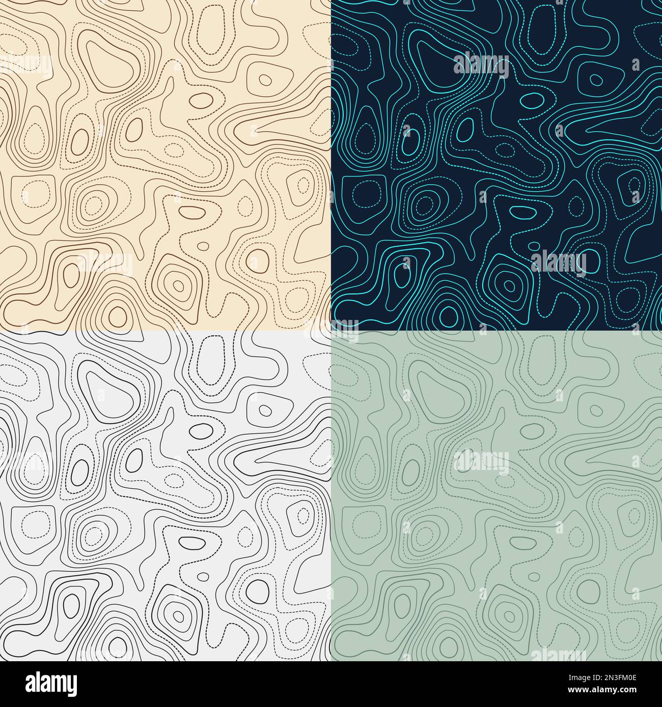 Topography patterns. Seamless elevation map tiles. Artistic isoline ...