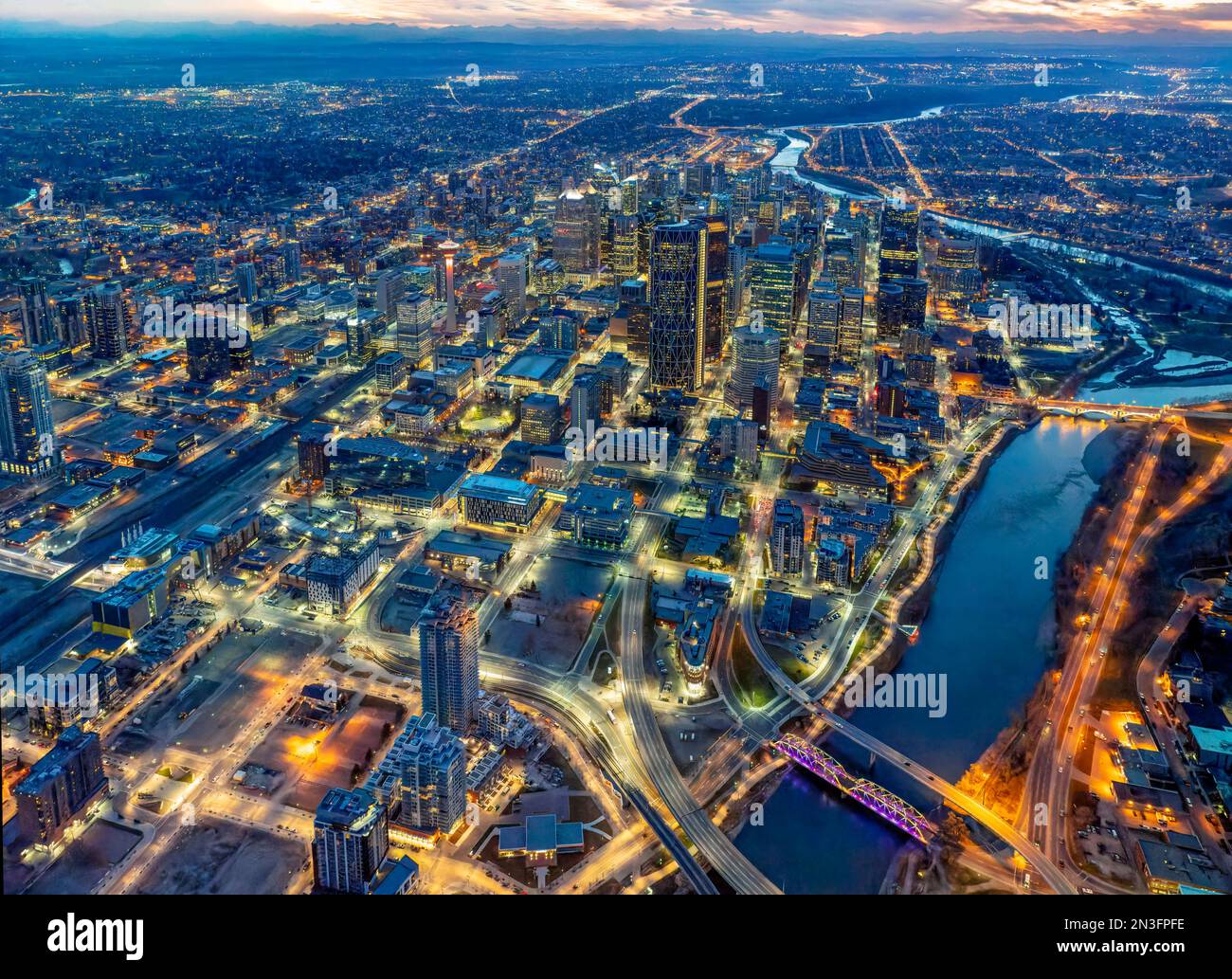 Aerial evening view of downtown and the Bow River in Calgary, Alberta ...