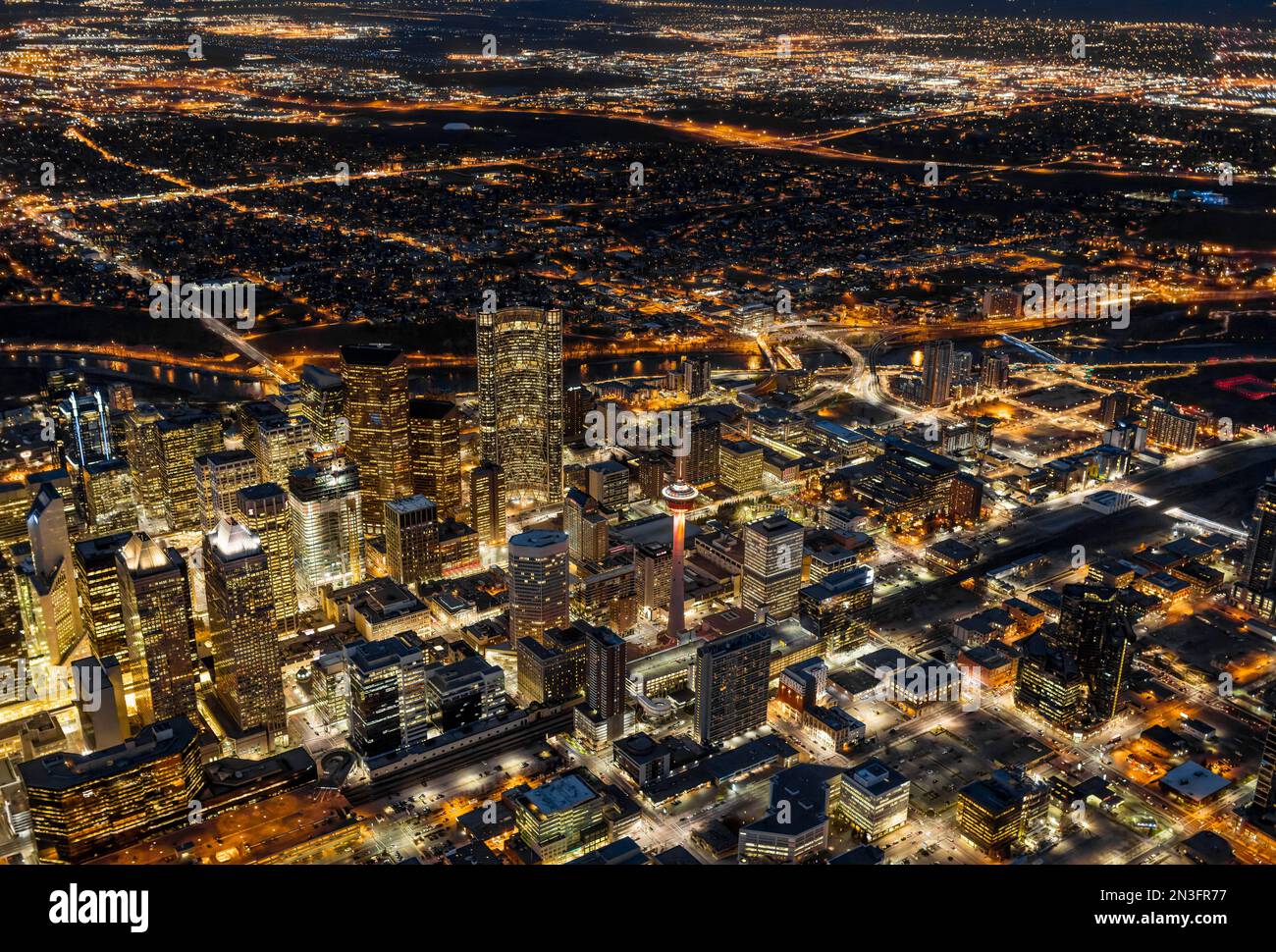 Aerial evening view of downtown Calgary, Alberta, Canada; Calgary ...