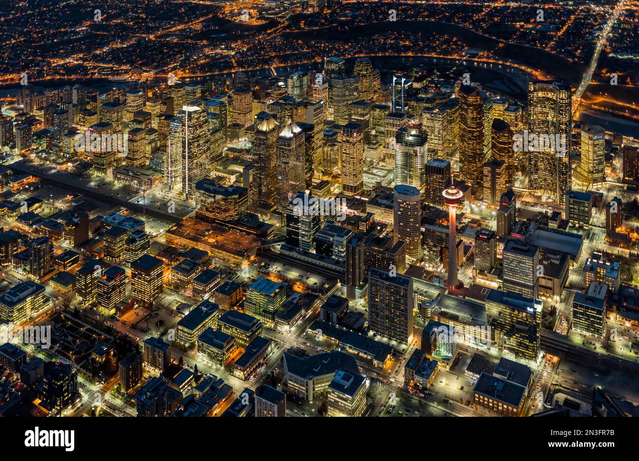 Aerial evening view of downtown Calgary, Alberta, Canada; Calgary ...