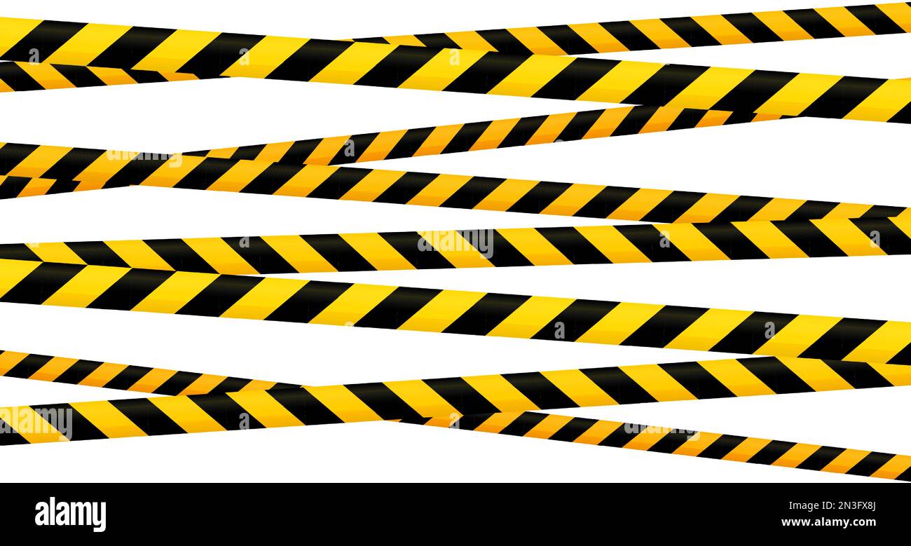 Crossed caution tape set. Yellow and black warning stripes. Repeating ...