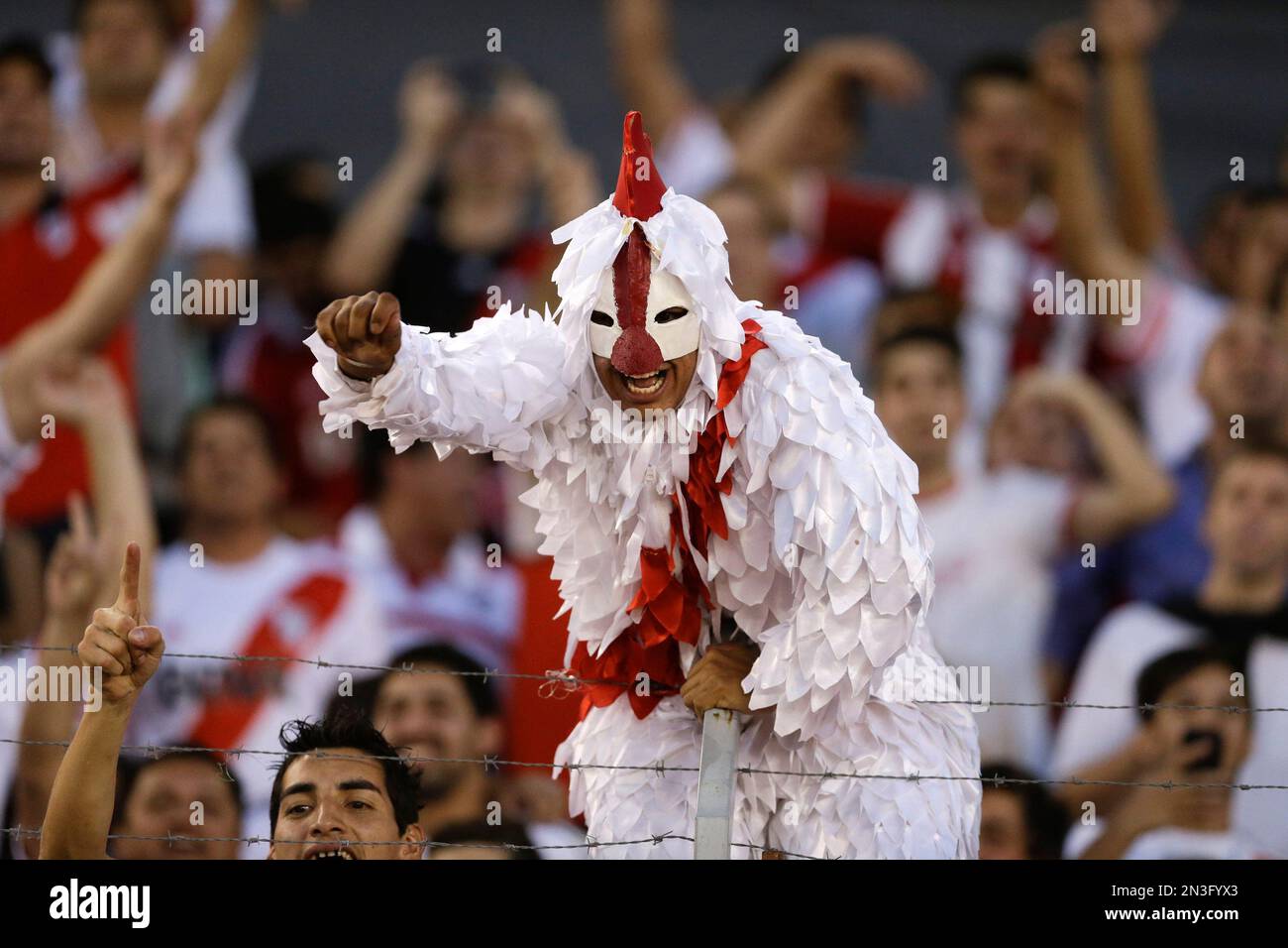 A River Plate fan wearing a custom that resembles a chiken cheers for ...