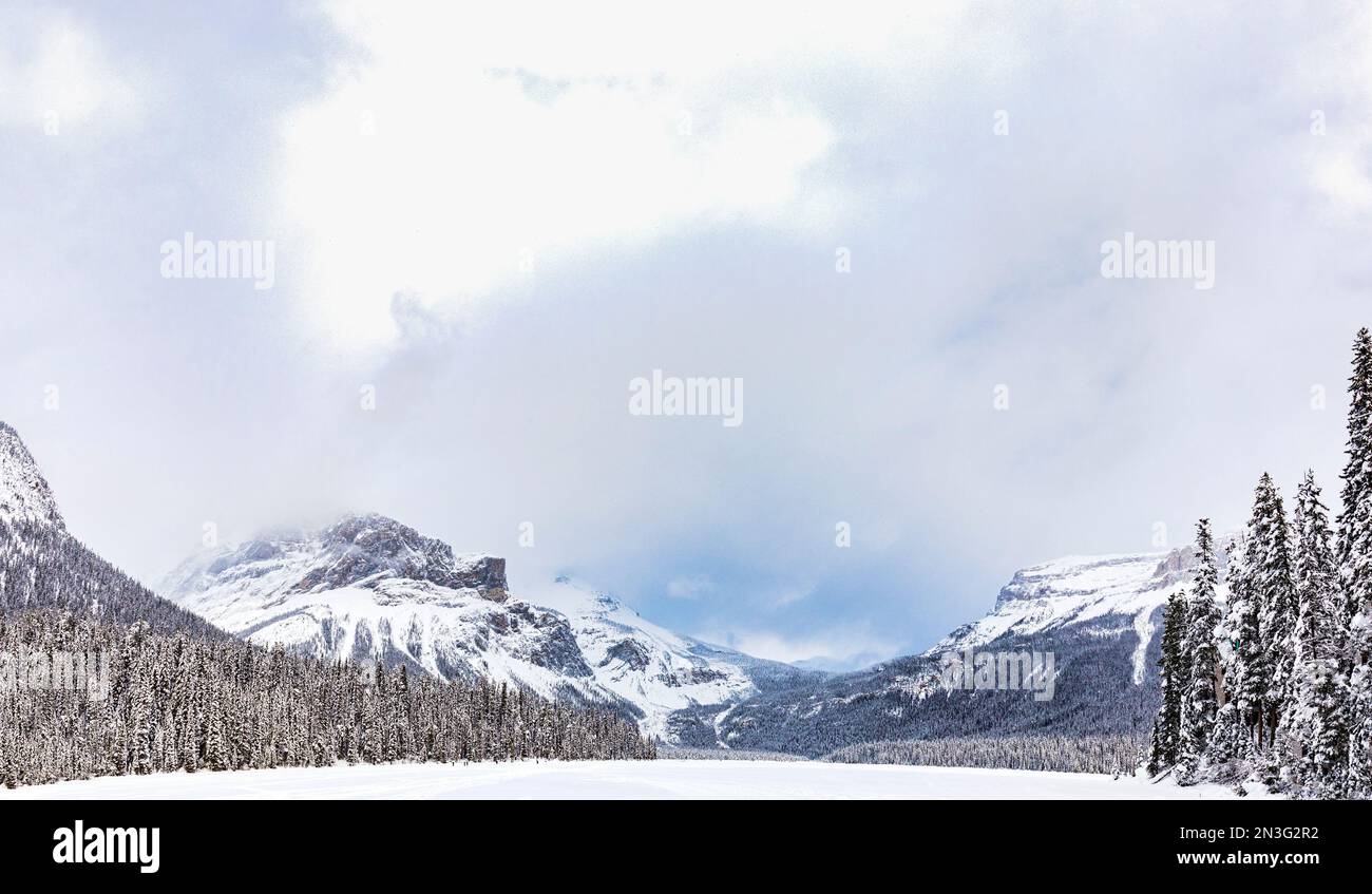 View over Emerald Lake in the winter with the Rocky Mountains in the ...