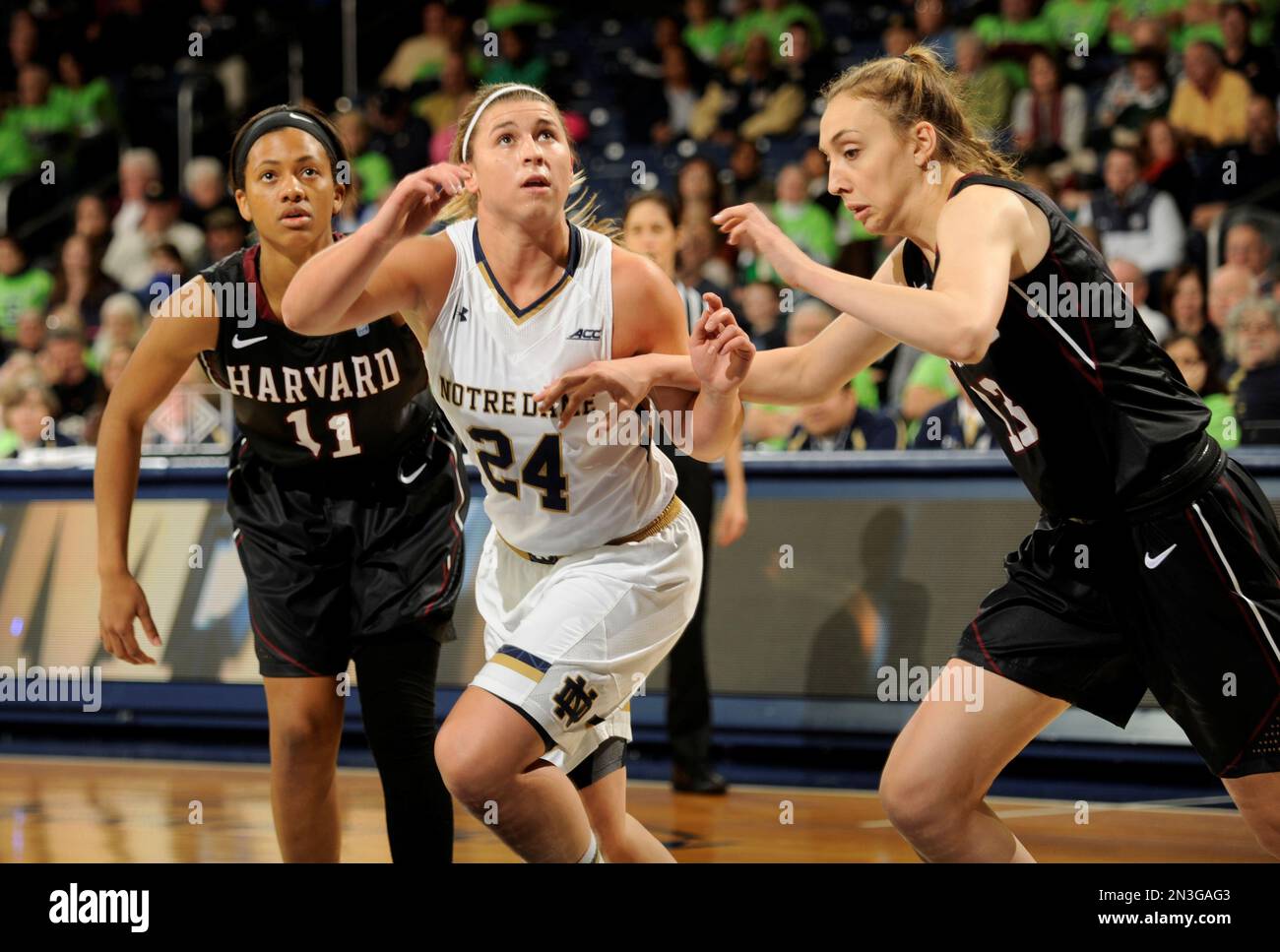 Notre Dame guard Hannah Huffman, middle, battles for rebound with ...