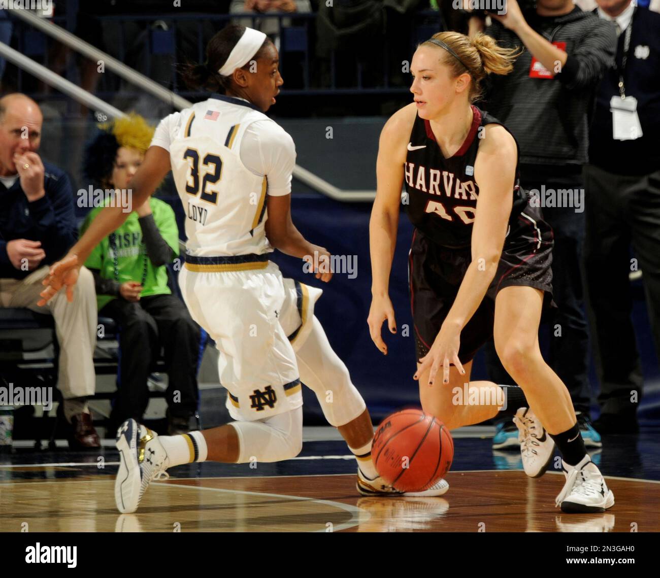 Harvard forward Erin McDonnell, right, drives around Notre Dame guard ...