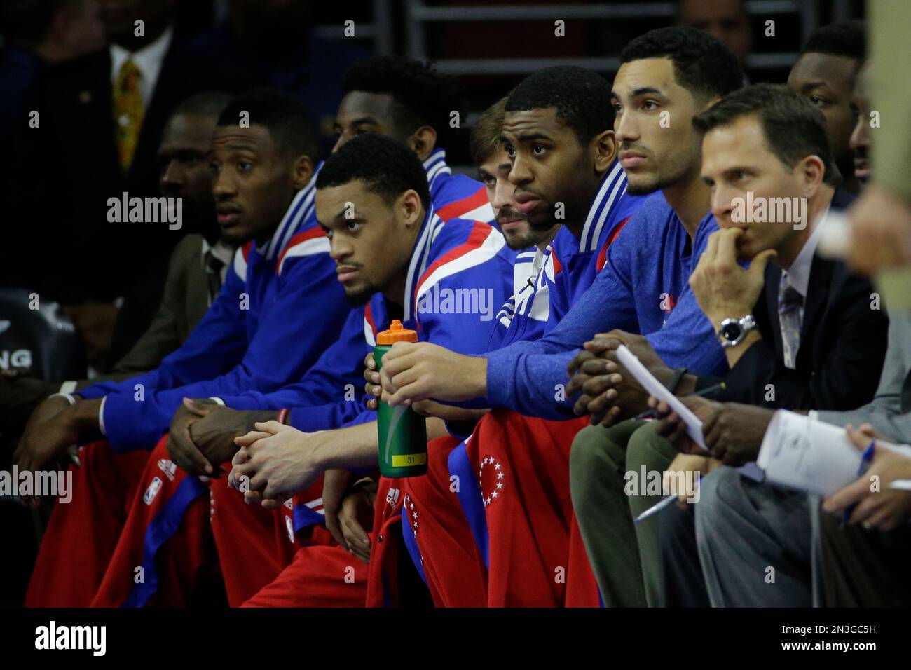 Philadelphia 76ers players watch from the bench during an NBA ...