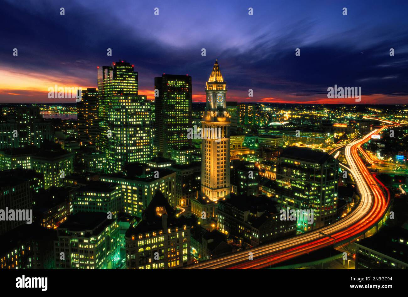 Boston night aerial with time exposure car lights on Central Artery ...