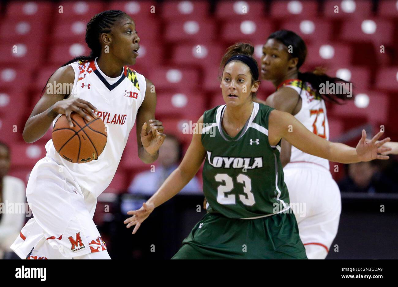 Maryland guard Laurin Mincy, left, drives past Loyola Maryland guard ...