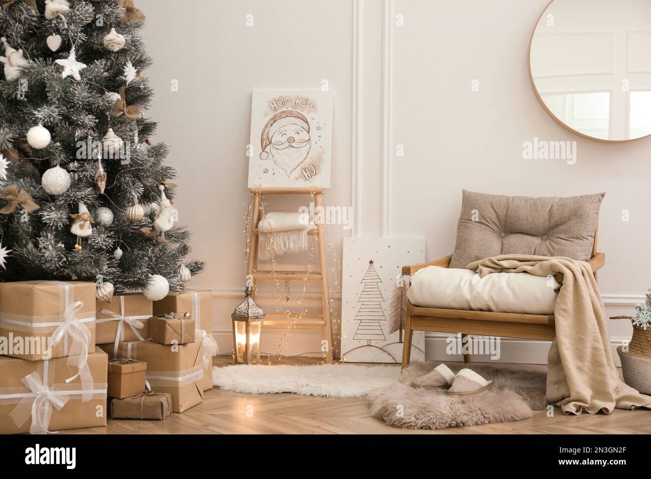 Beautiful Christmas pictures in festive room interior Stock Photo - Alamy