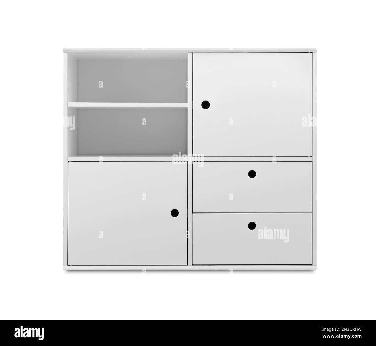 Stylish empty shelving unit isolated on white Stock Photo - Alamy