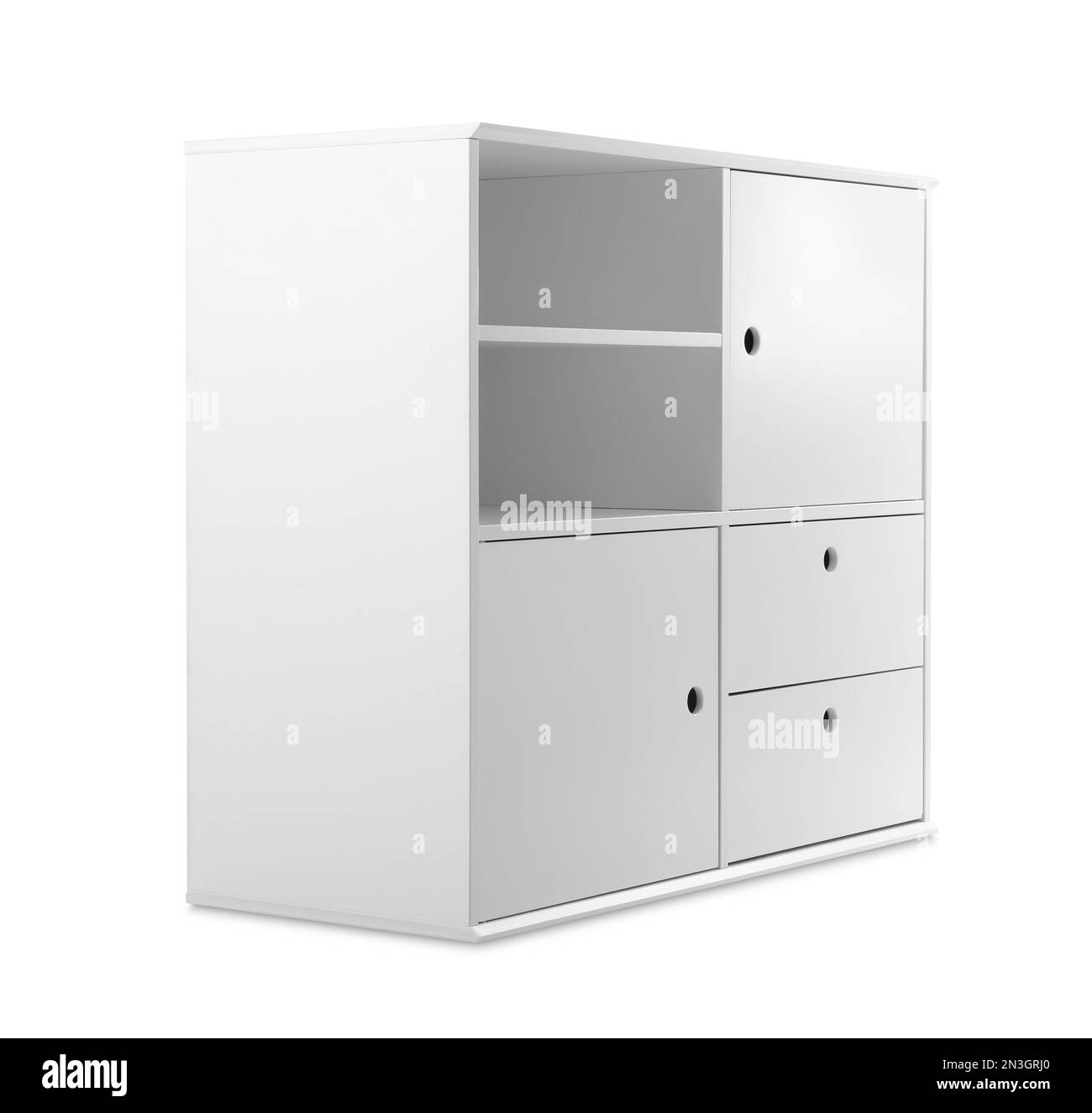 Stylish empty shelving unit isolated on white Stock Photo - Alamy