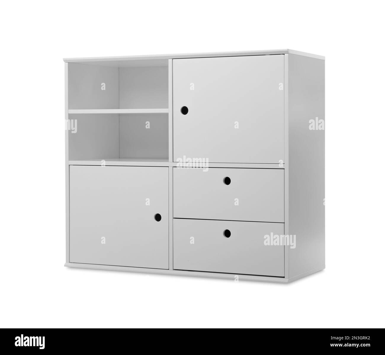 Stylish empty shelving unit isolated on white Stock Photo - Alamy