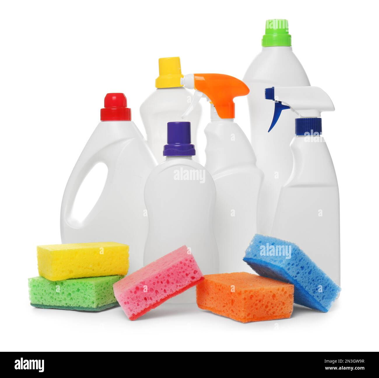 Different cleaning products and sponges on white background Stock Photo ...