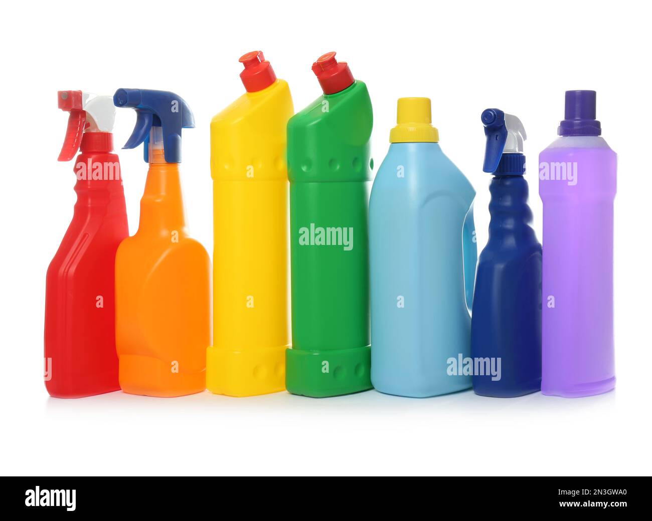 Bottles of different cleaning products on white background Stock Photo ...