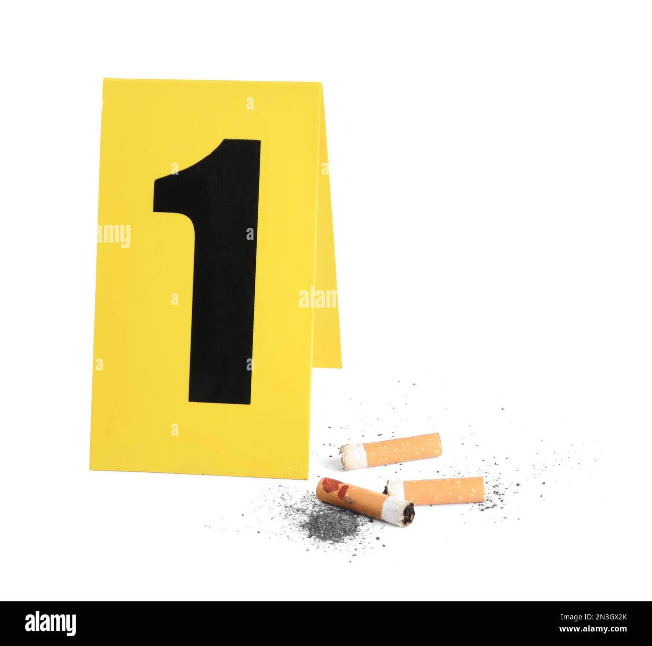 Cigarette stubs and crime scene marker with number one isolated on ...
