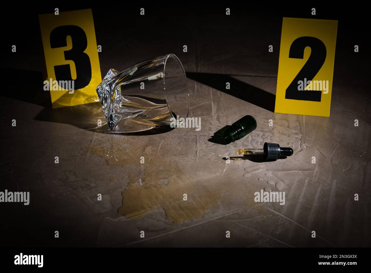 Crime scene markers and evidences on grey stone table Stock Photo - Alamy