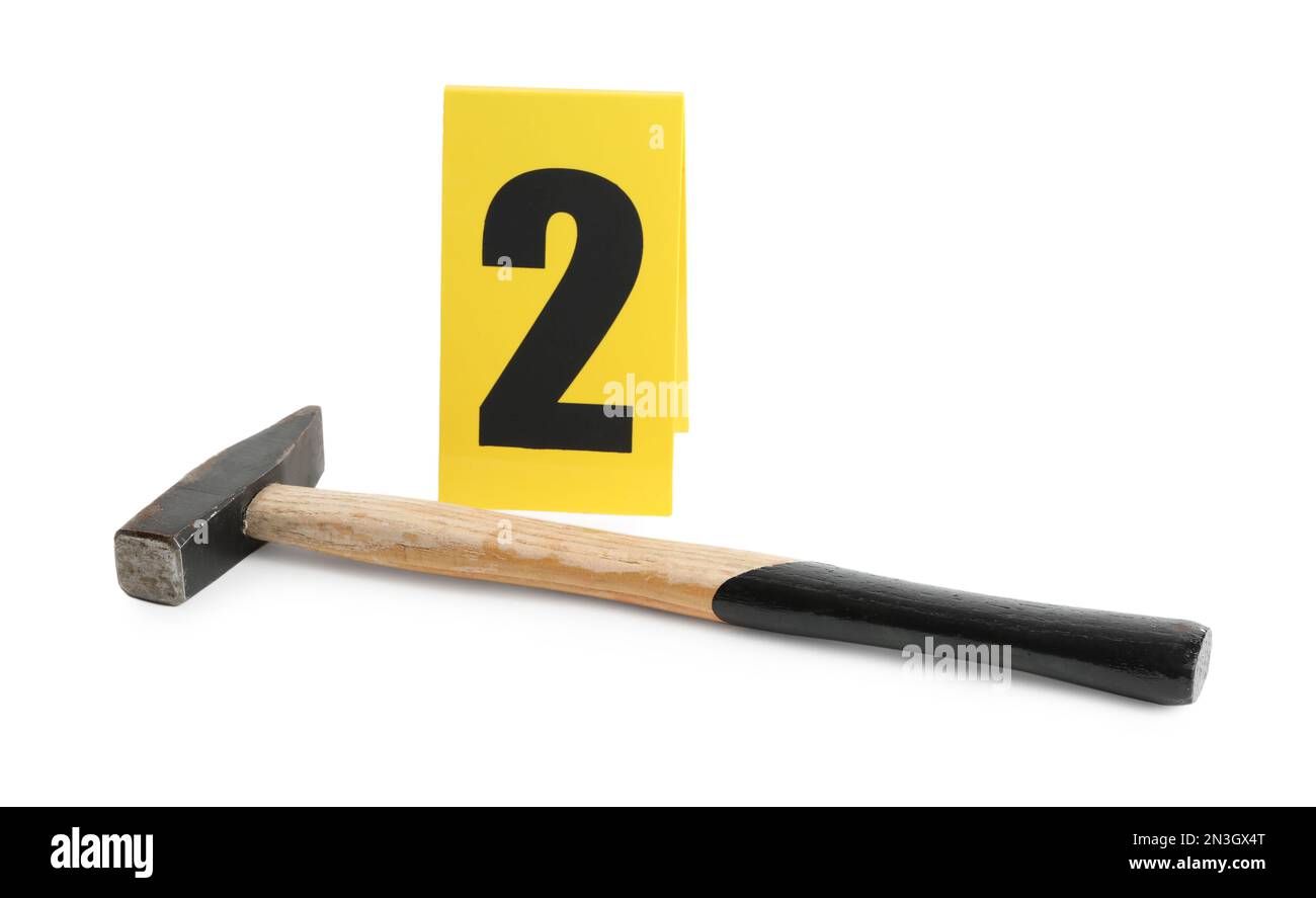Hammer and crime scene marker with number two isolated on white Stock ...