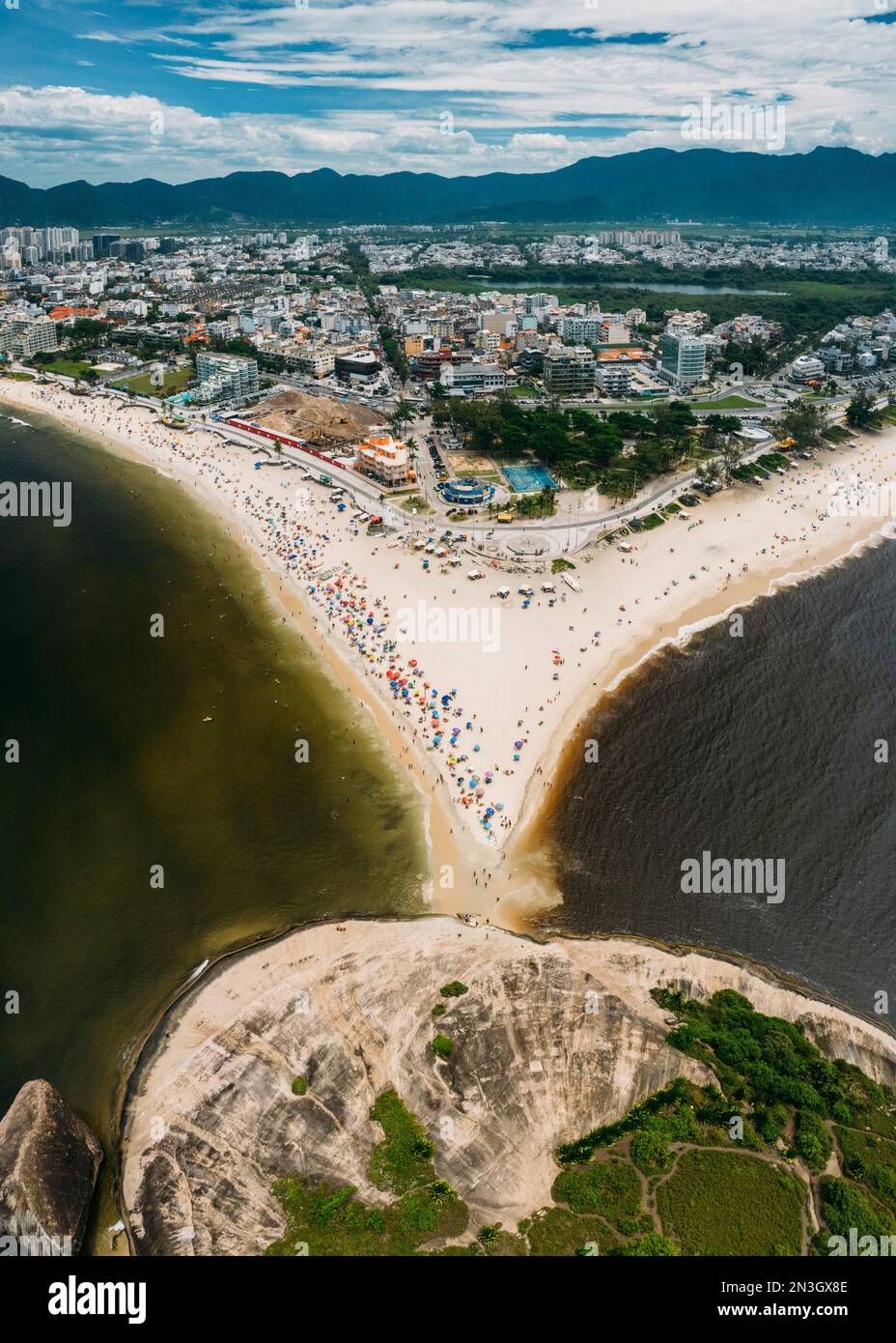 Aerial drone view of Pedra do Pontal in Recreio dos Bandeirantes, Rio ...