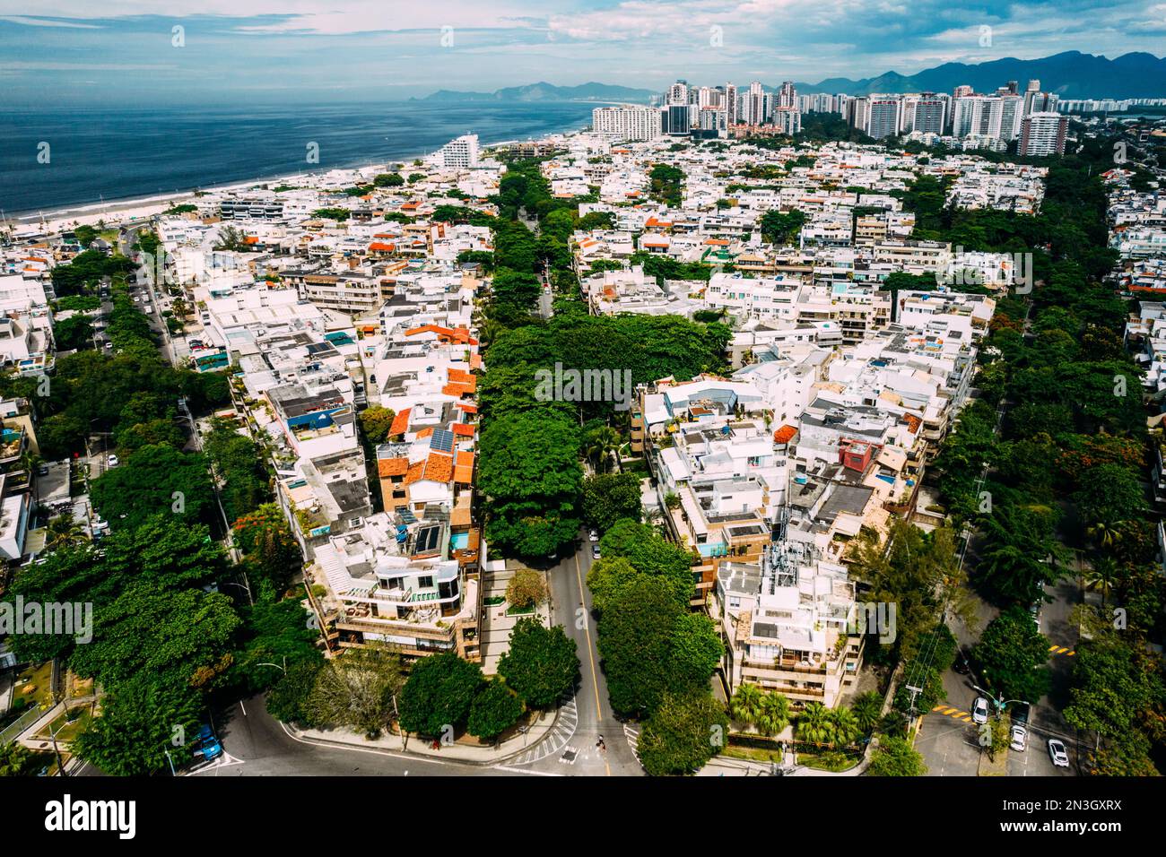 Aerial drone view of Barra da Tijuca neighbourhood in the western part ...