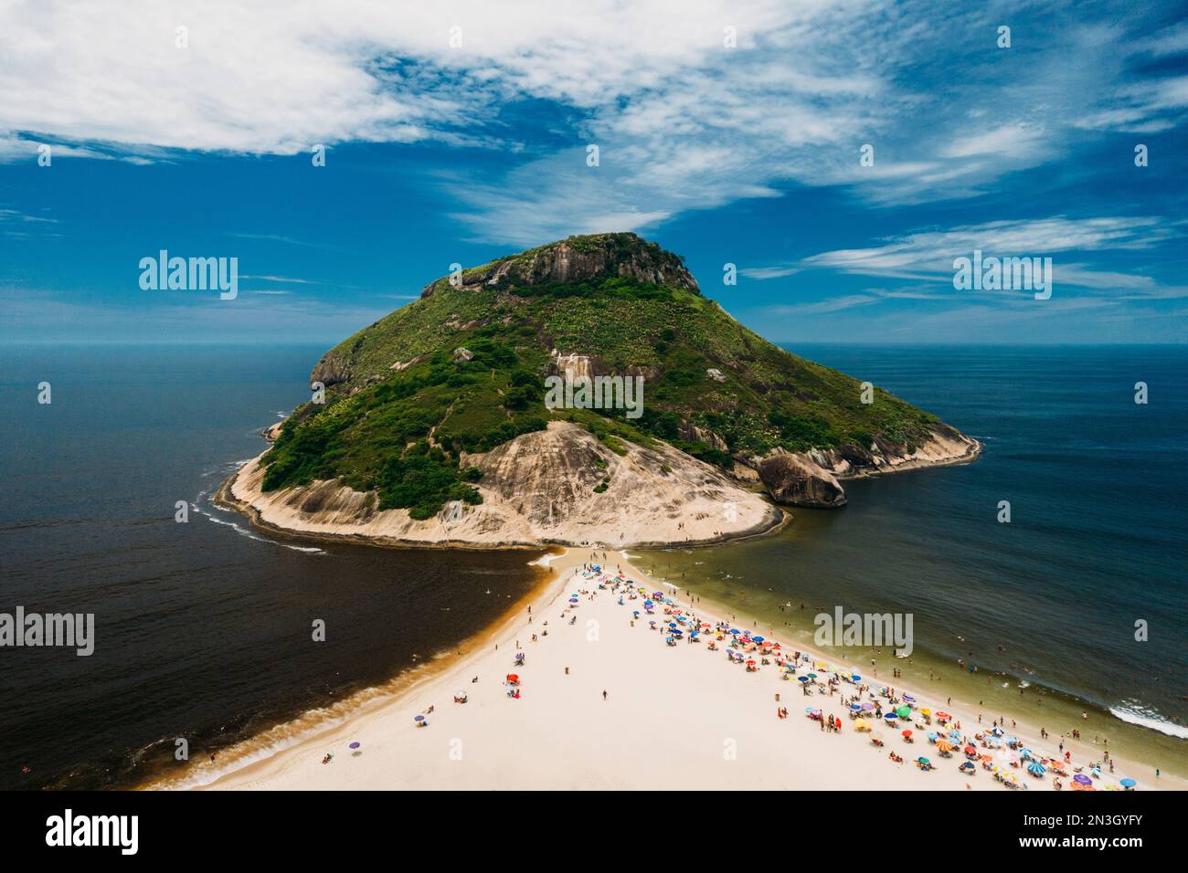 Aerial drone view of Pedra do Pontal in Recreio dos Bandeirantes, Rio ...