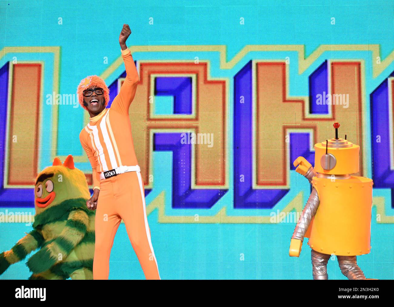 DJ Lance Rock and the cast of Yo Gabba Gabba! perform on stage at Yo ...