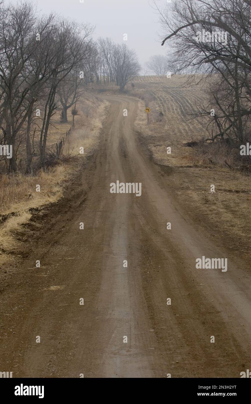 Muddy road leading through a foggy countryside with a road sign warning ...