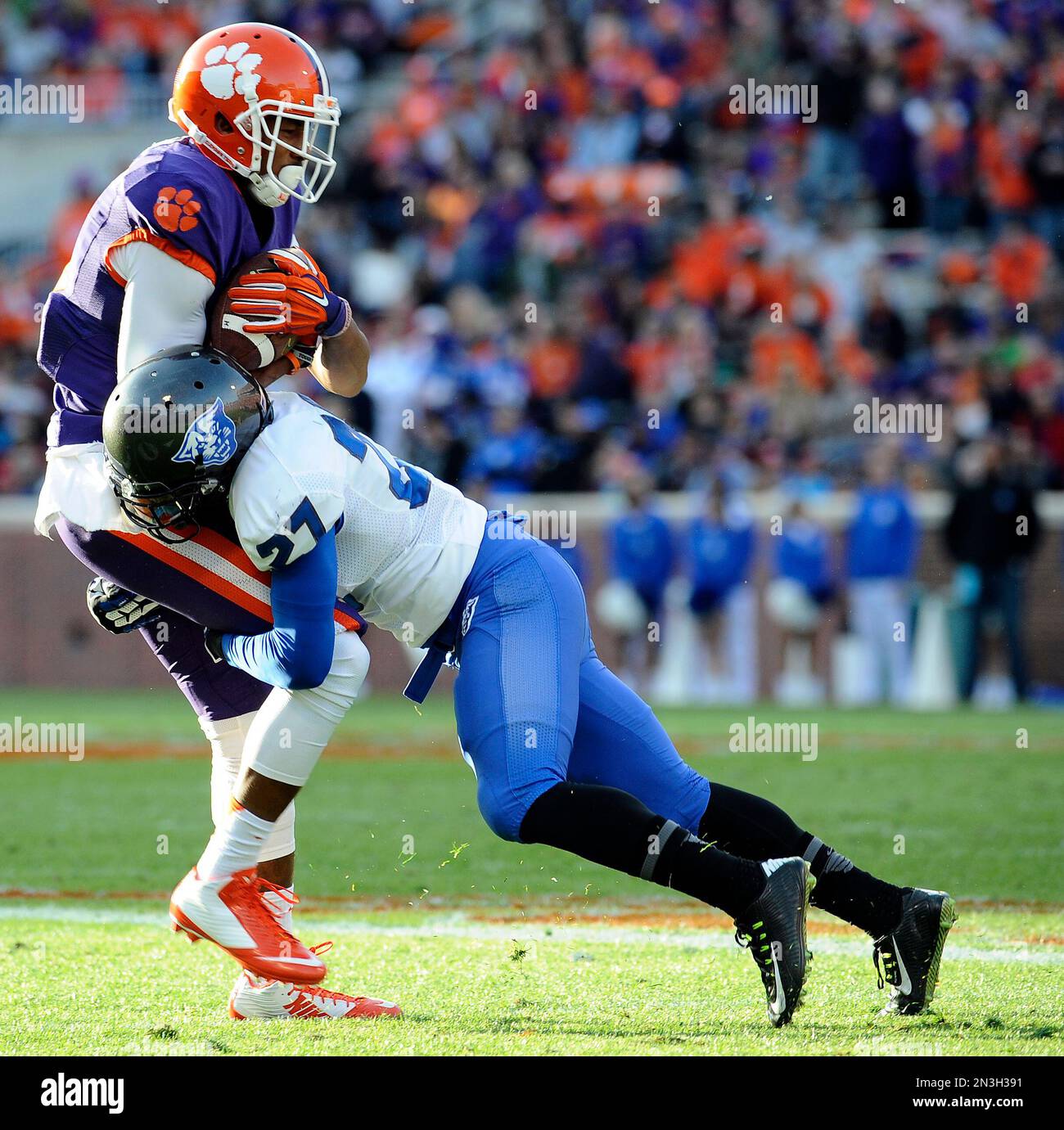 Clemson wide receiver Charone Peake (19) is tackled by Georgia State ...