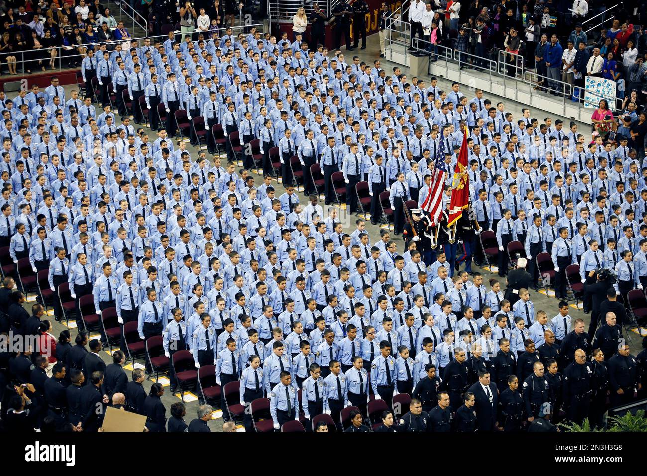 United States Marine Corps Color Guard present the colors at the start ...