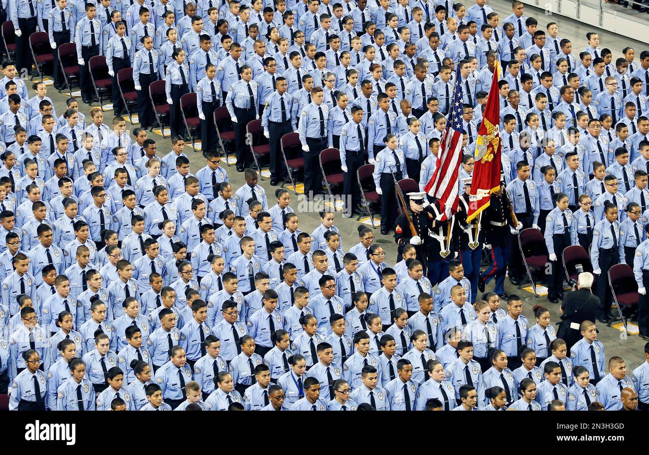 United States Marine Corps Color Guard present the colors at the start ...