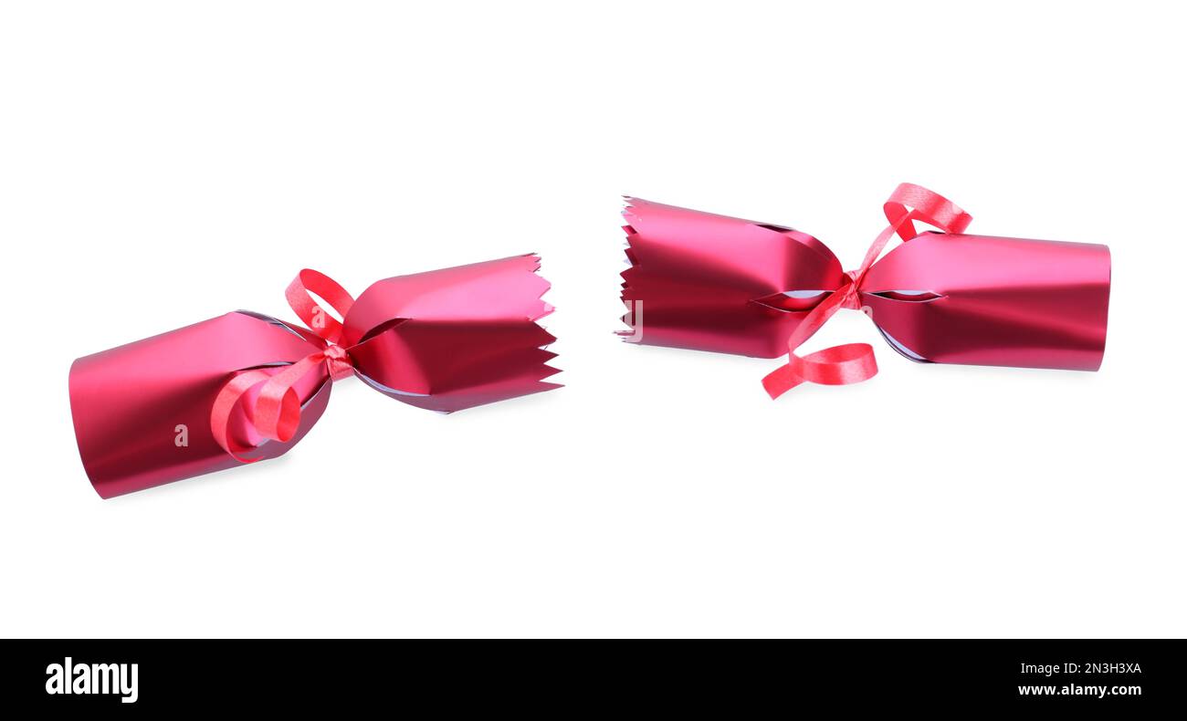 Open red Christmas cracker isolated on white, top view Stock Photo - Alamy
