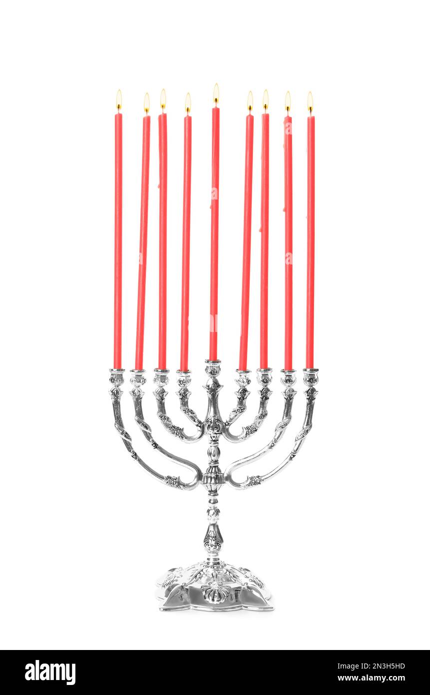 Silver menorah with burning candles on white background. Hanukkah ...