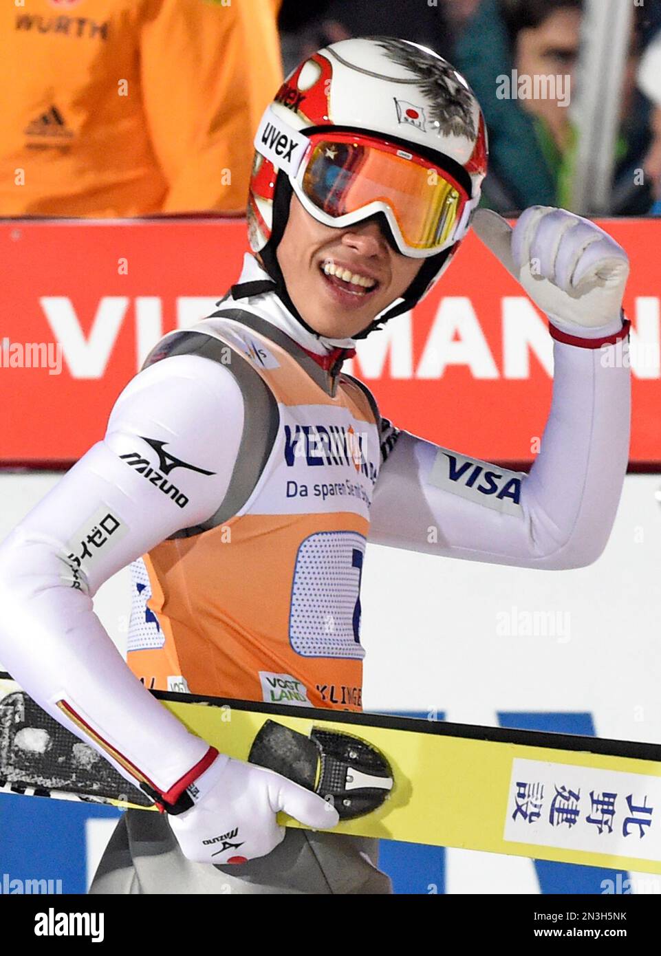 Taku Takeuchi of Japan celebrates during the team competition at the ...