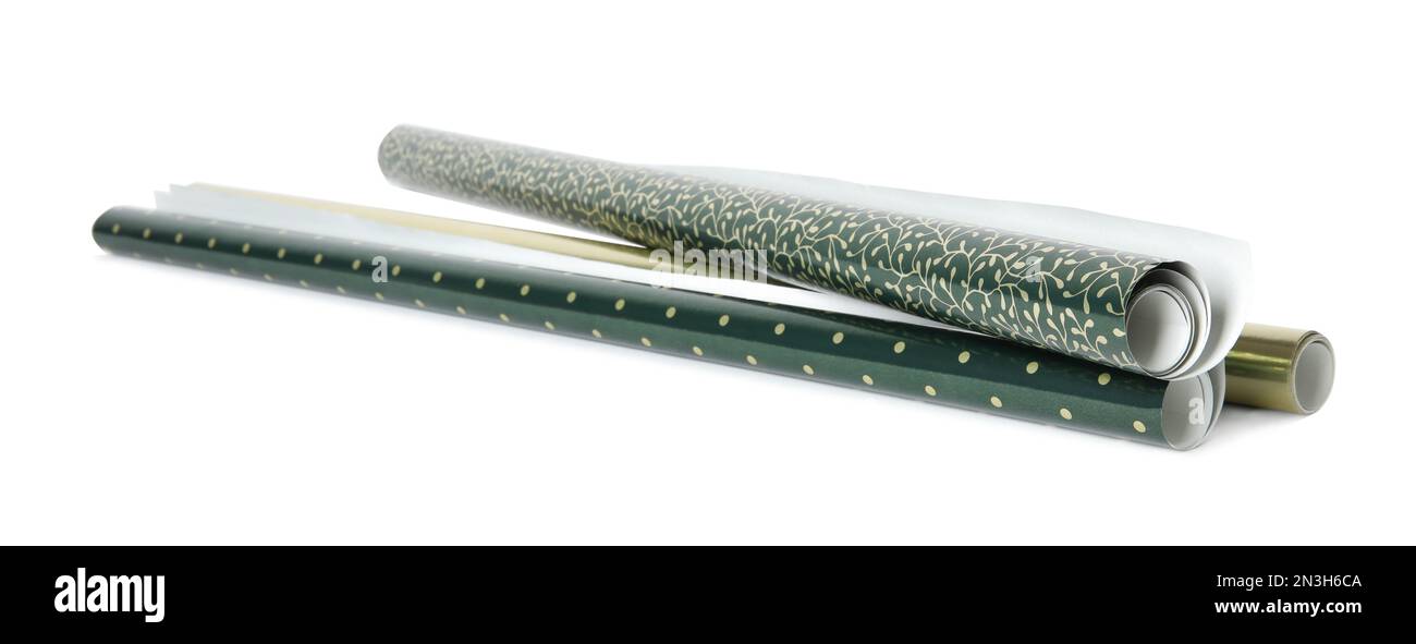 Different colorful wrapping paper rolls on white background Stock Photo ...
