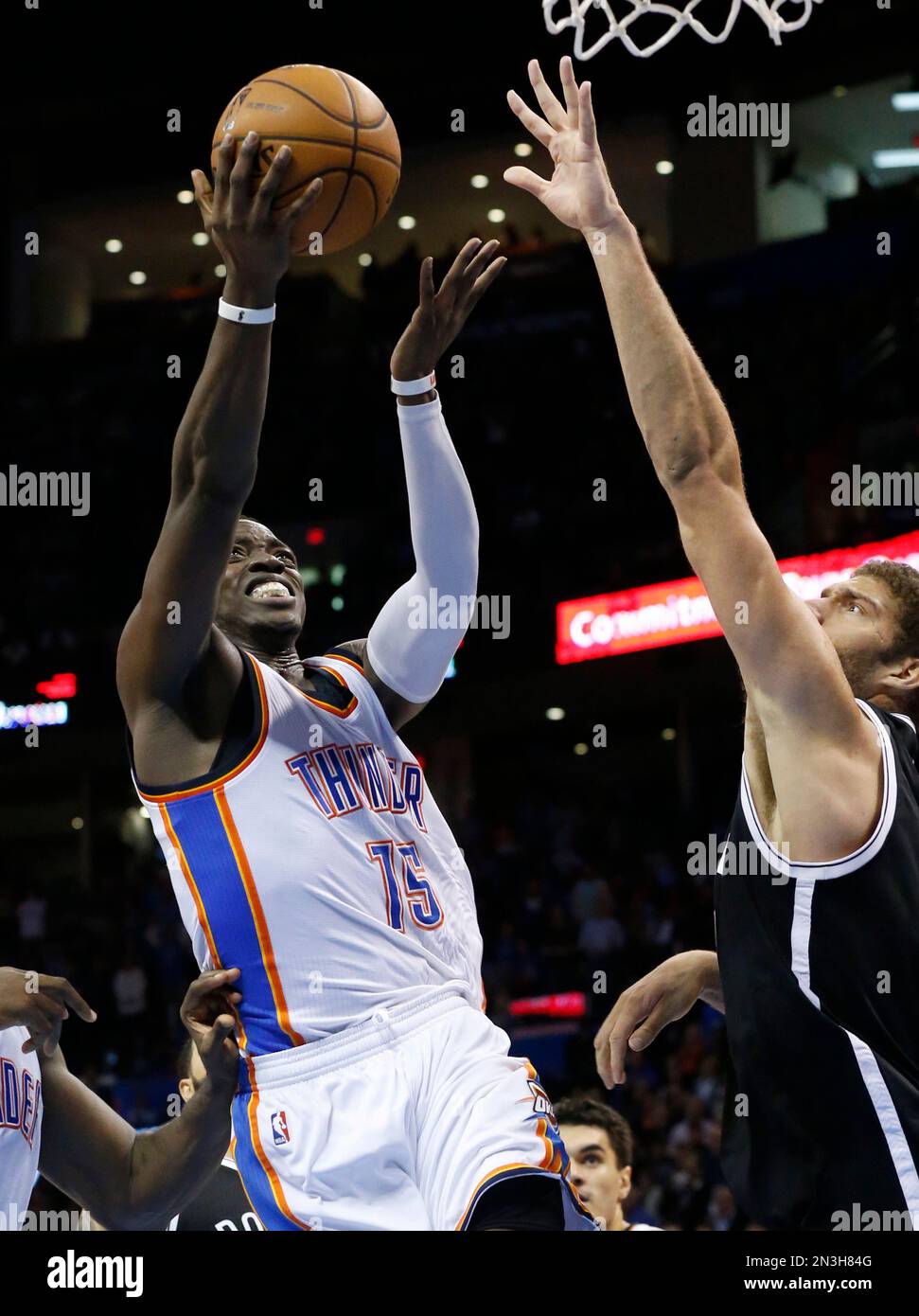 Oklahoma City Thunder's Reggie Jackson (15) shoots in front of Brooklyn ...