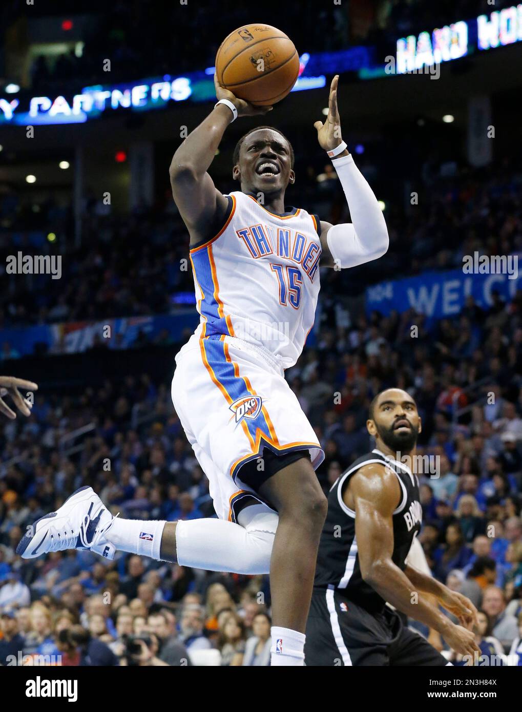 Oklahoma City Thunder's Reggie Jackson (15) shoots in front of Brooklyn ...