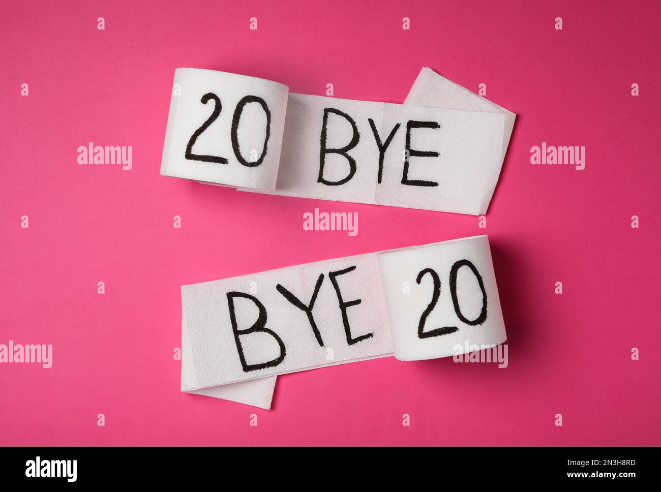 Toilet paper with text Bye Bye 2020 on pink background, flat lay Stock ...