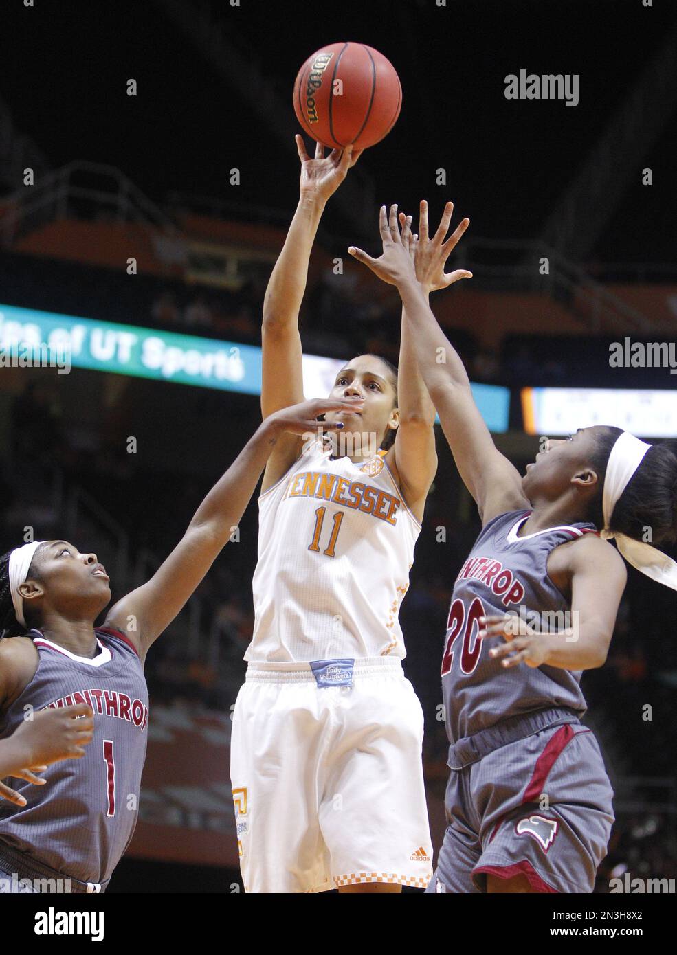Tennessee forward Cierra Burdick (11) shoots over Winthrop guard Taylor ...