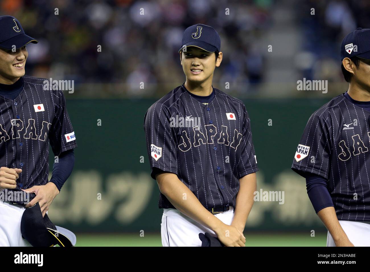 Japan's All-Star Shohei Otani smiles at the Game 2 of the exhibition ...