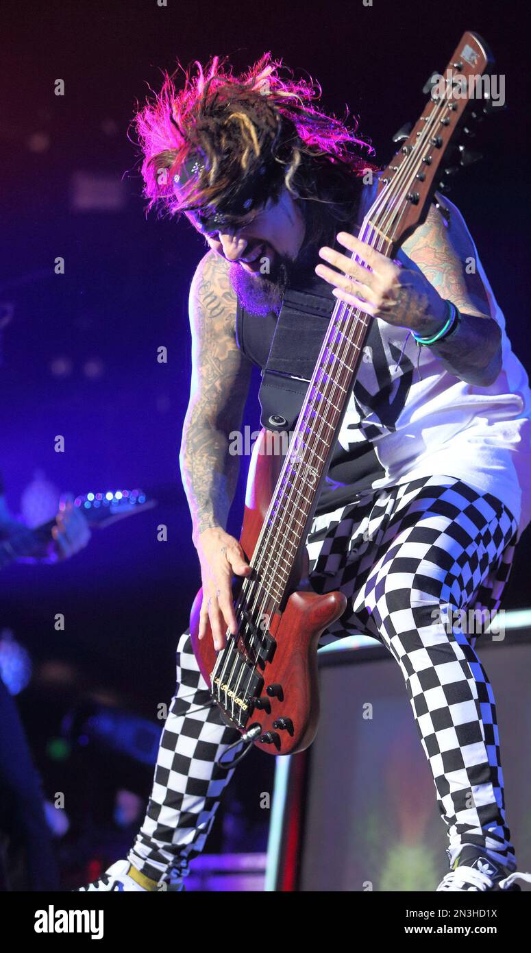 Reginald "Fieldy" Arvizu of the band Korn performs in concert at the ...