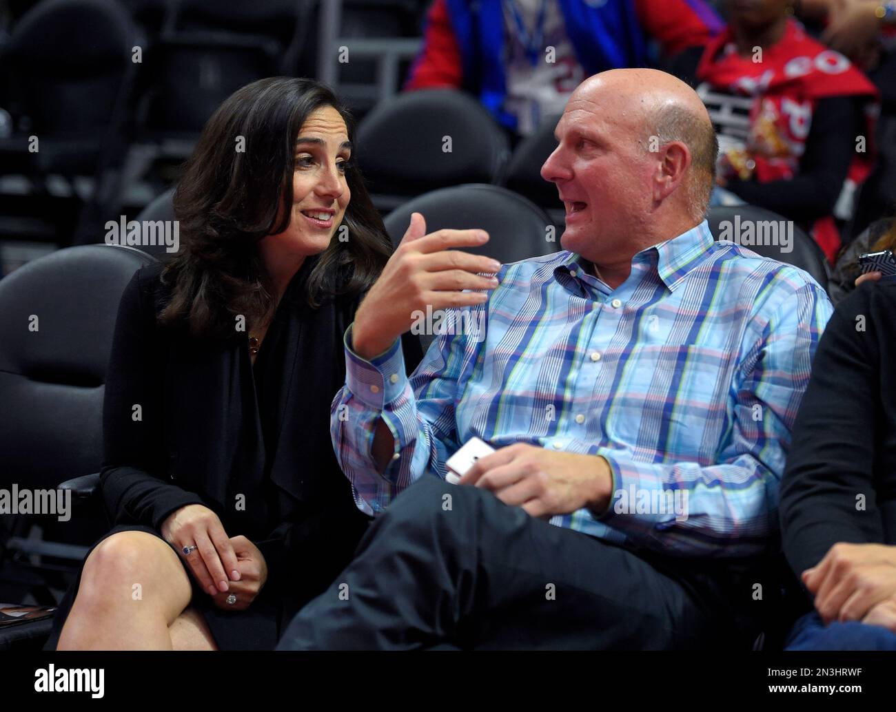 Los Angeles Clippers owner Steve Balmer, left, talks with team ...
