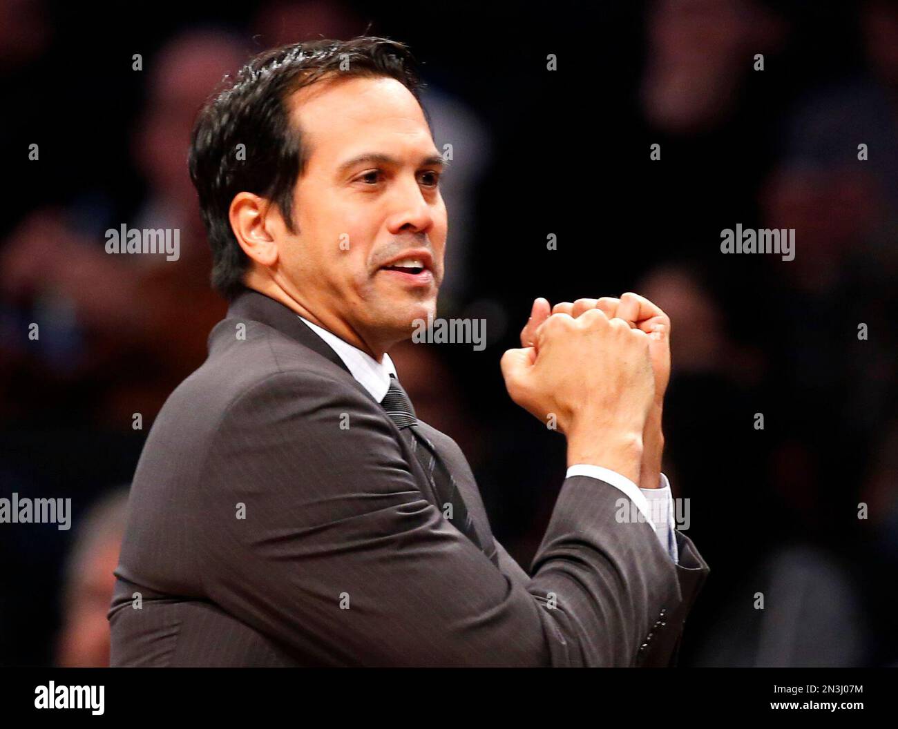Miami Heat head coach Erik Spoelstra gestures toward an official in the ...