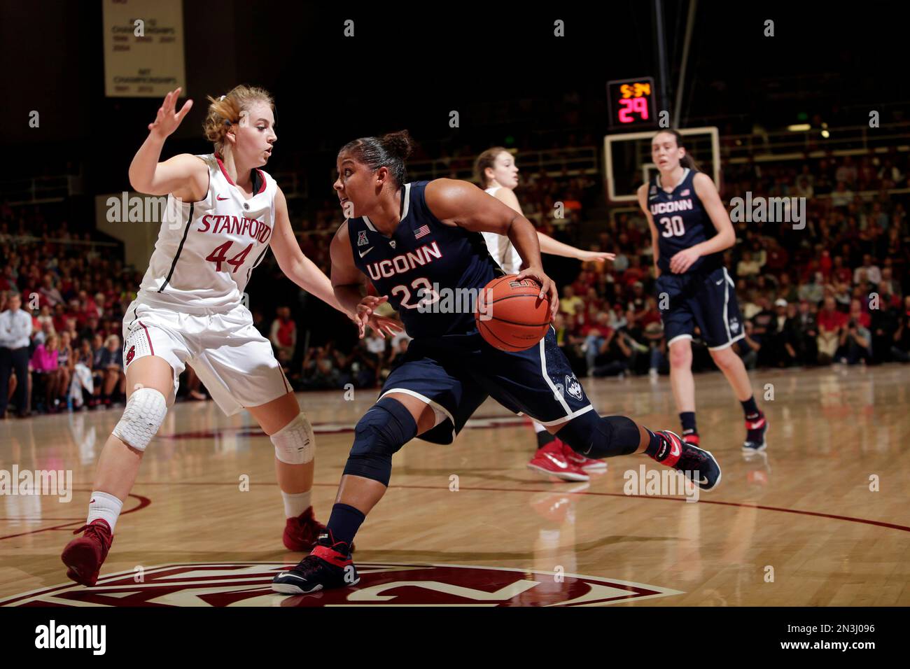 Connecticut forward Kaleena Mosqueda-Lewis (23) dribbles next to ...