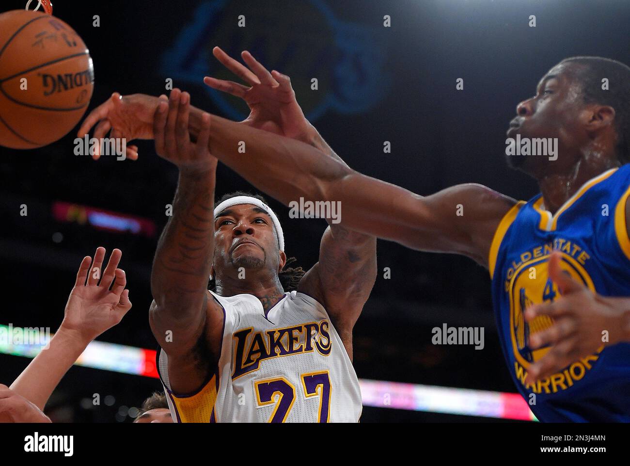 Los Angeles Lakers center Jordan Hill, left, and Golden State Warriors ...