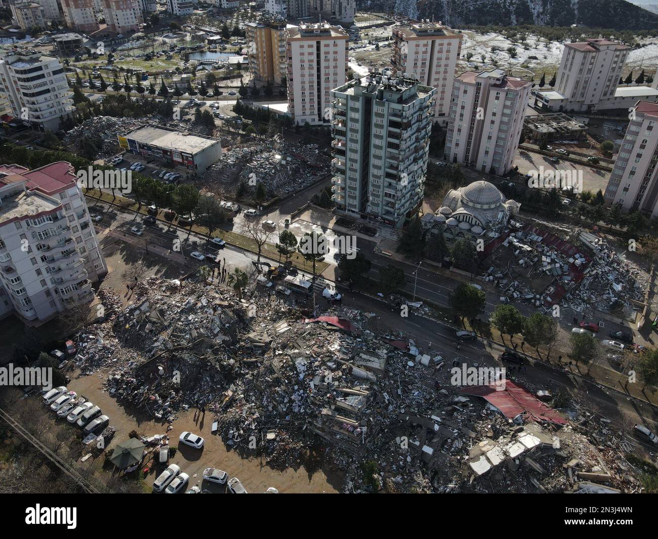 Kahramanmaras. 7th Feb, 2023. This aerial photo taken on Feb. 7, 2023 ...