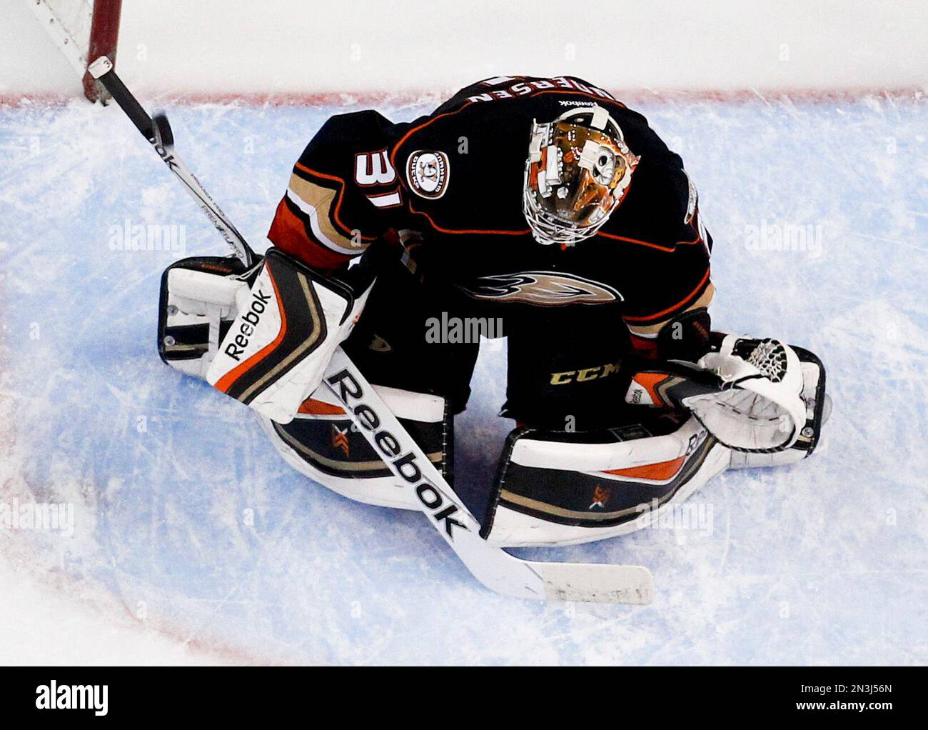 Anaheim Ducks goalie Frederik Andersen blocks a shot against the ...