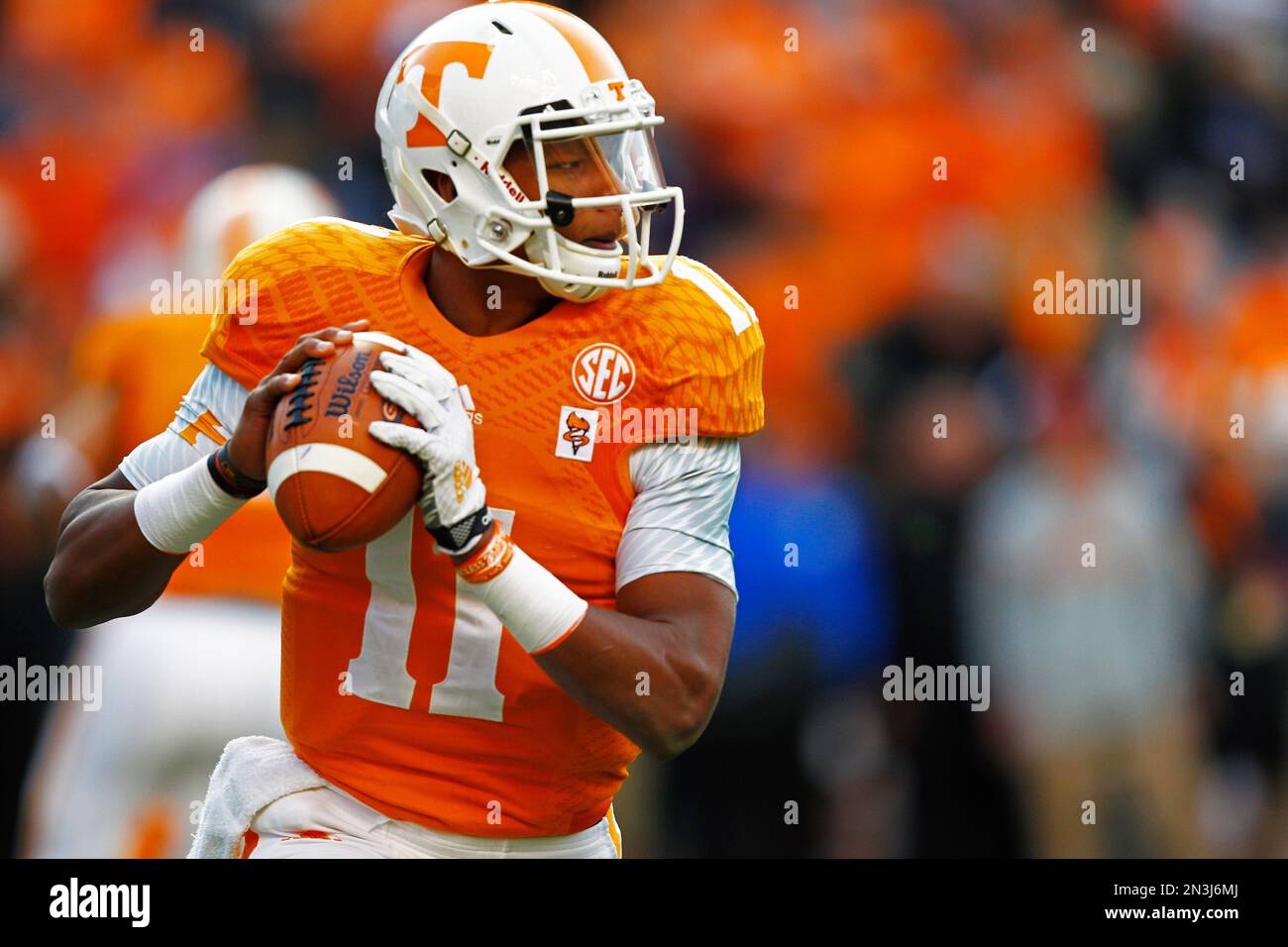 Tennessee quarterback Joshua Dobbs (11) looks for a receiver during an ...