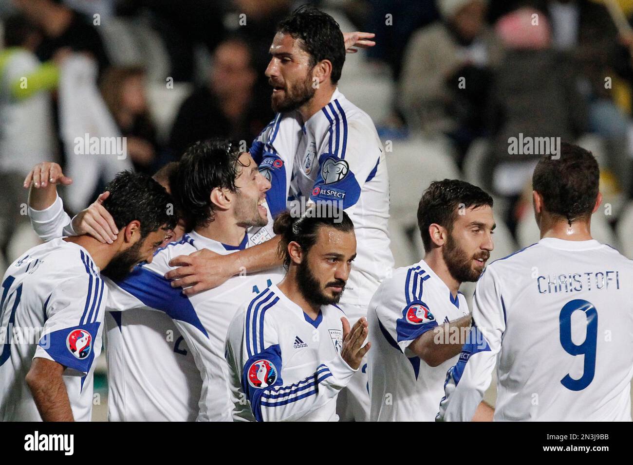 Cyprus' players celebrate a goal against Andorra during the Euro 2016 ...